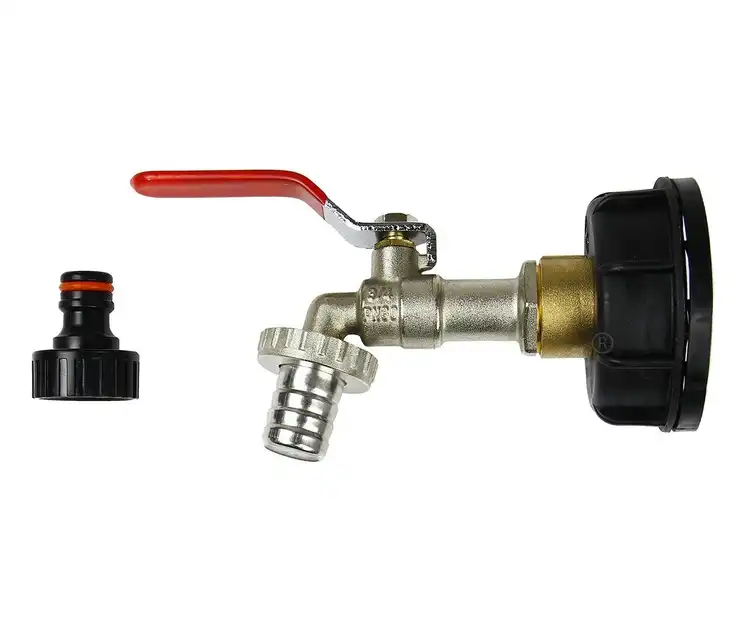 Metalowy kran czerpalny 3/4" z plastikową nakrętką, zawór do zbiorników typu mauser 1000l IBC ...